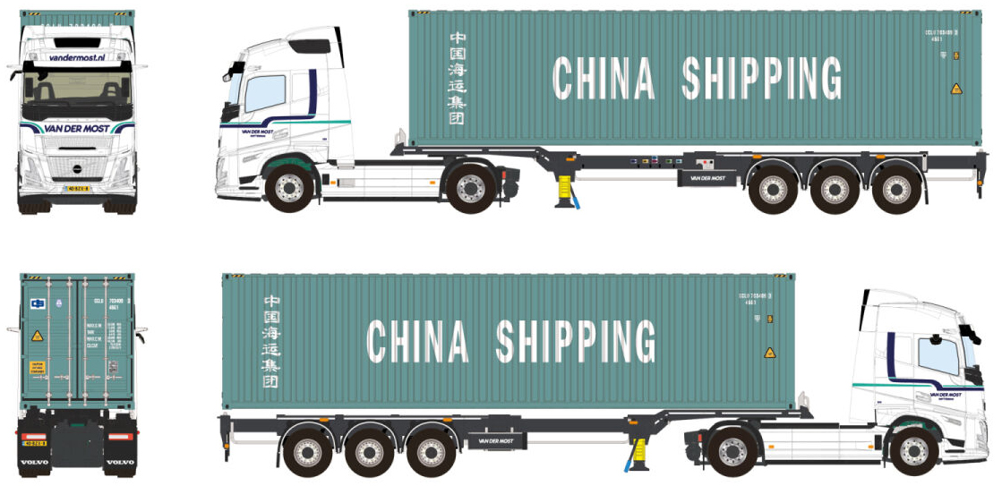 VOLVO FH Aero Globetrotter avec remorque porte-container et container ...